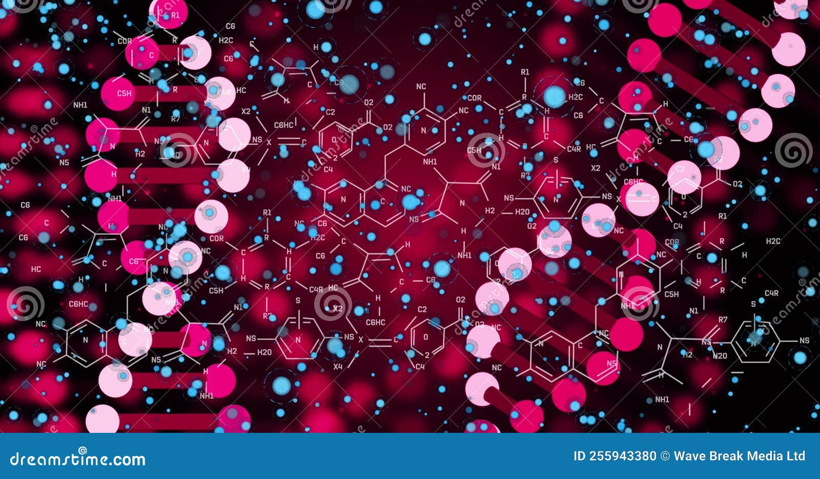 Image of Pink 3d Dna Rotating with Molecules and Blue Particles on ...