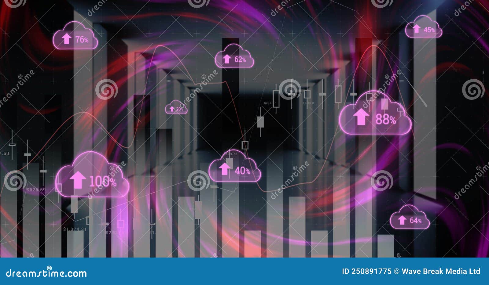 Image of Pink Digital Clouds with Percent Growing Over Computer Servers ...