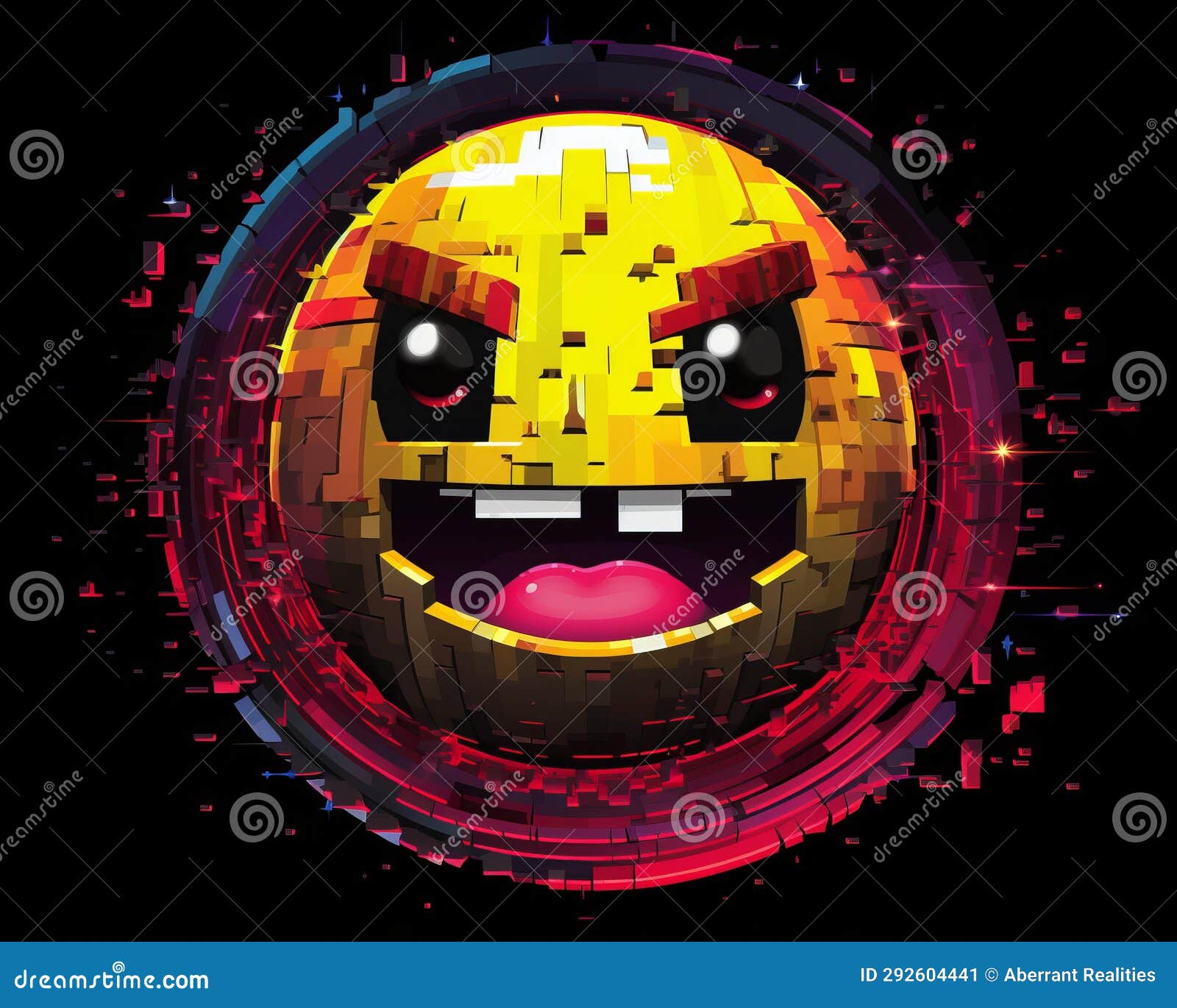 Pixelated Smiley Face Emoticon In 3D Rendering On Purple Background ...