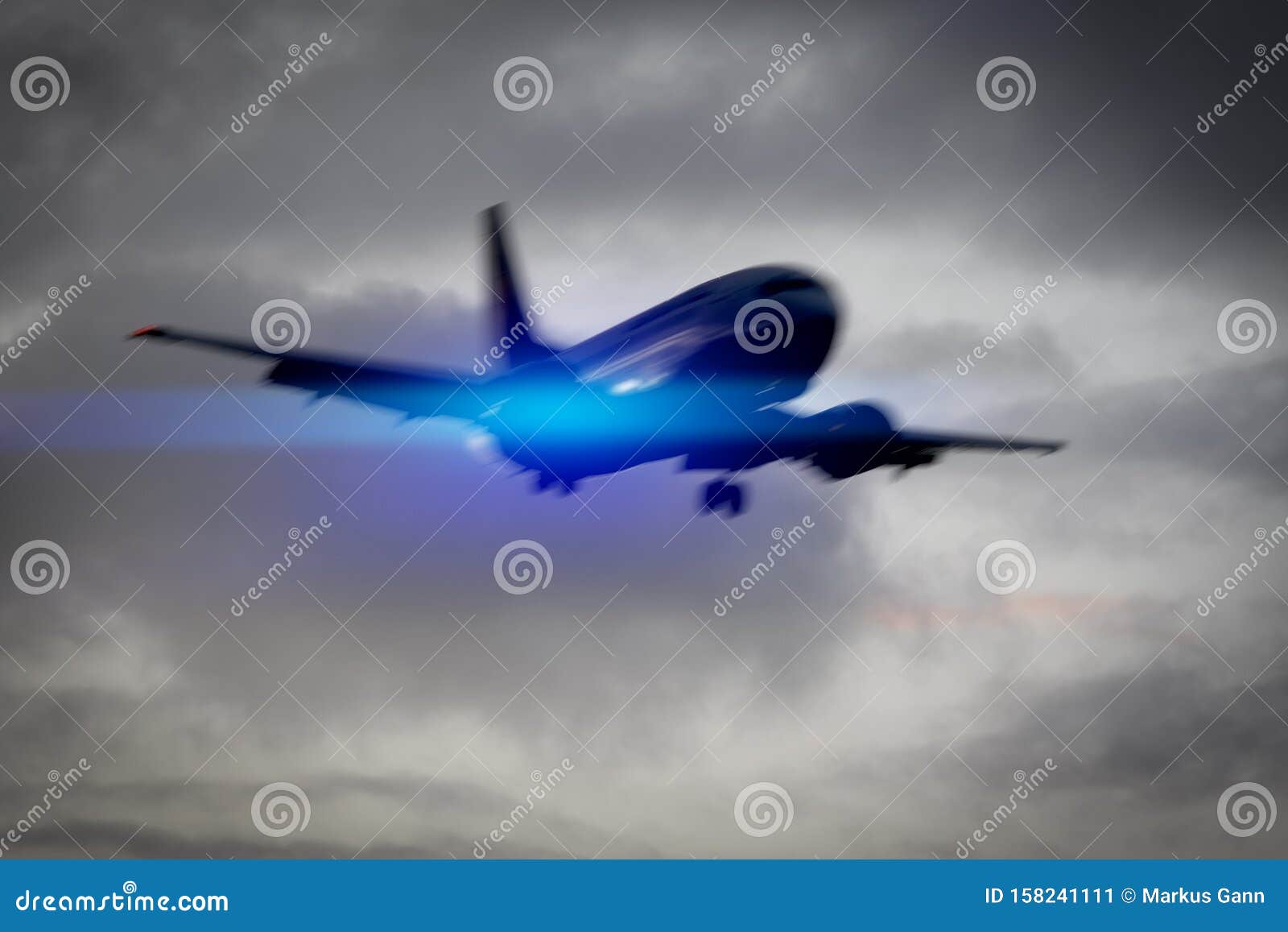 Plane in the Sky Motion Blur with Blue Light Flare Stock Image - Image ...