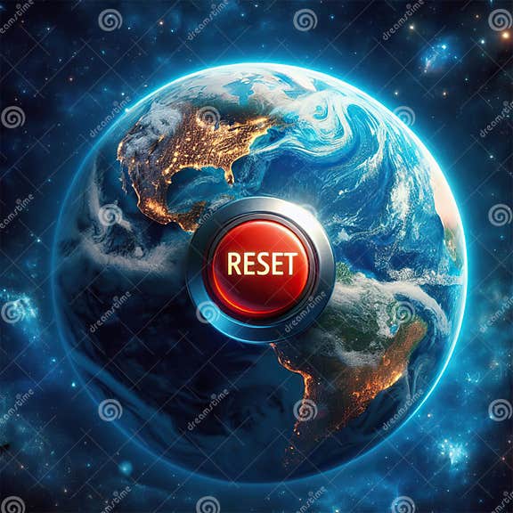 Image of Planet Earth with a Large Red Button that Reads Reset Stock ...