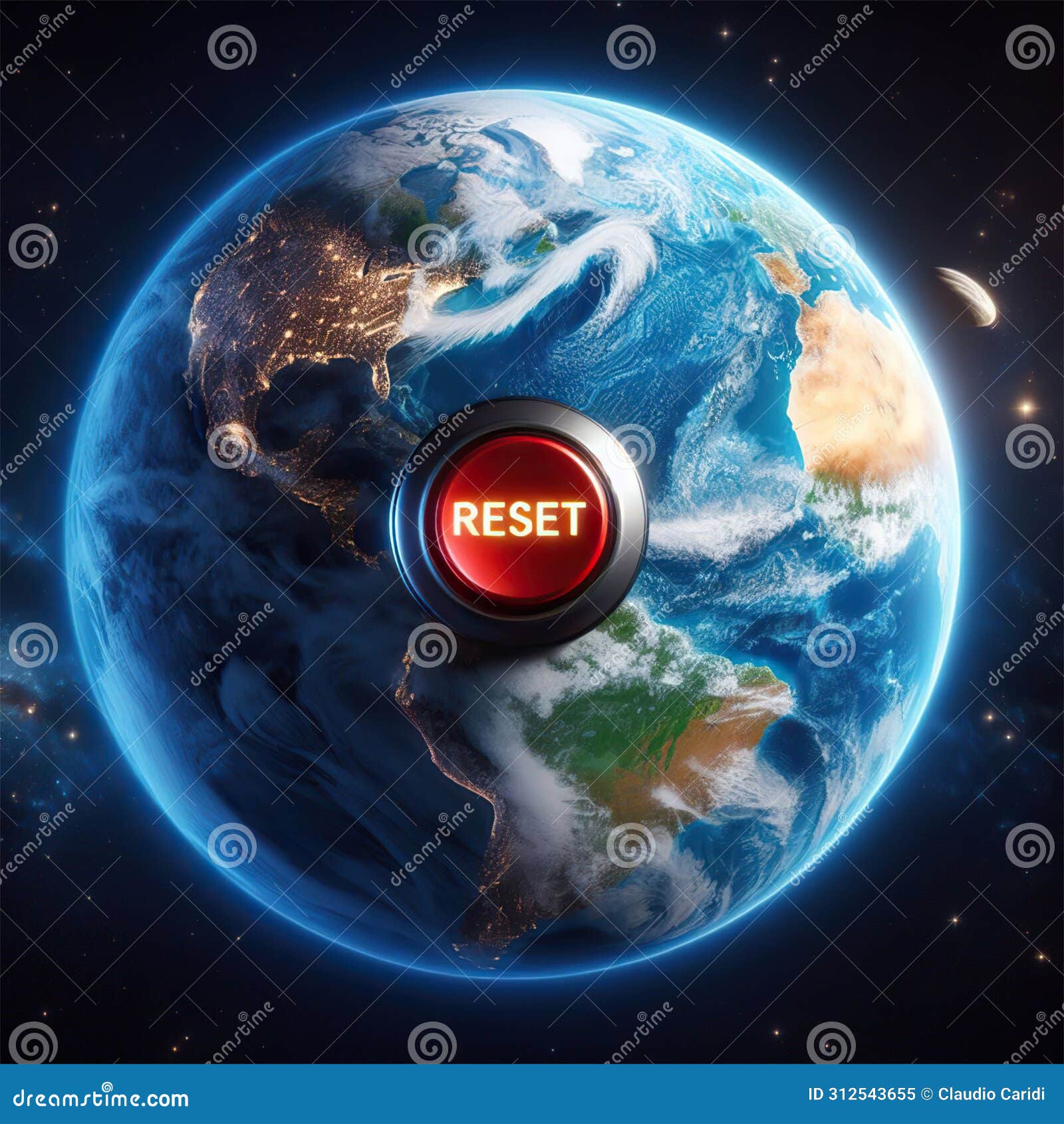 Image of Planet Earth with a Large Red Button that Reads "Reset Stock ...