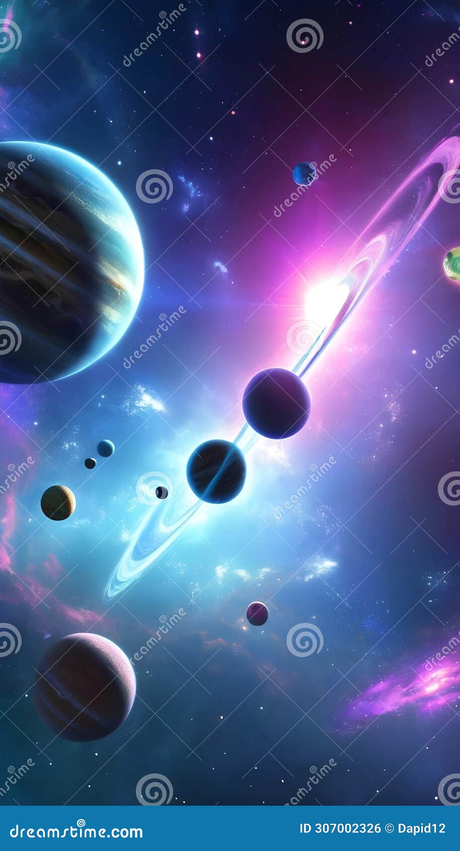 An Image of Planets in Space Solar Systems, with Pink and Blue Lights ...