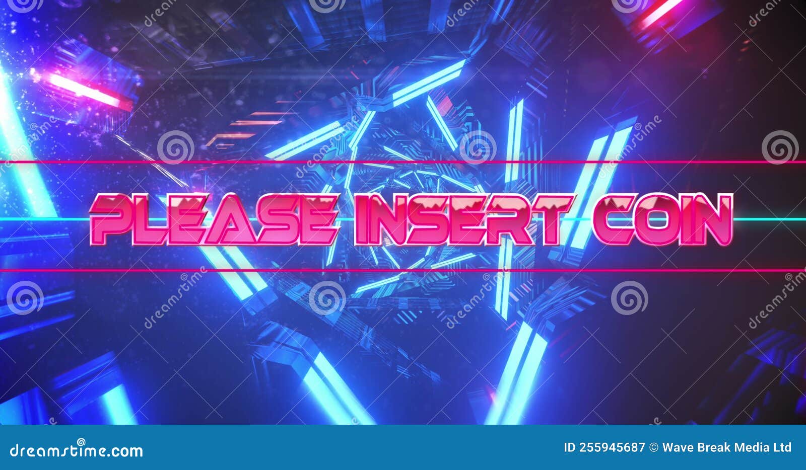 Image of Please Insert Coin Text Banner Over Neon Blue Tunnel in ...