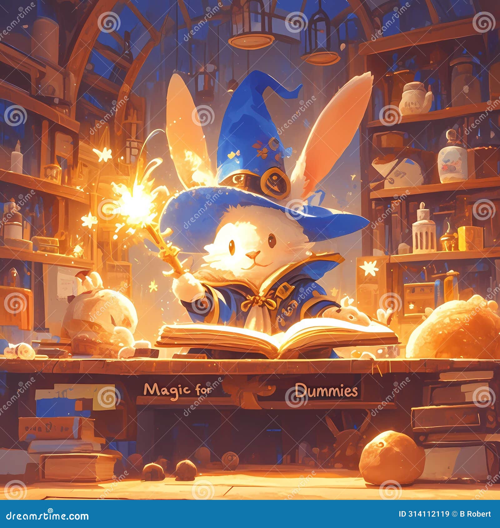 Magical Rabbit Sorcerer in His Library Stock Illustration ...