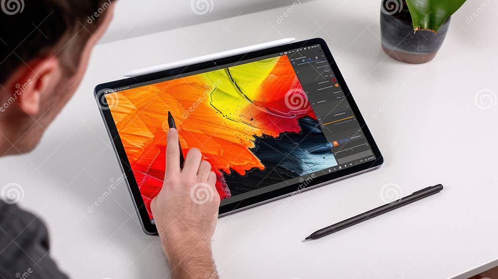 Digital Interaction: Using a Tablet on White Desk in Dim Light Stock ...