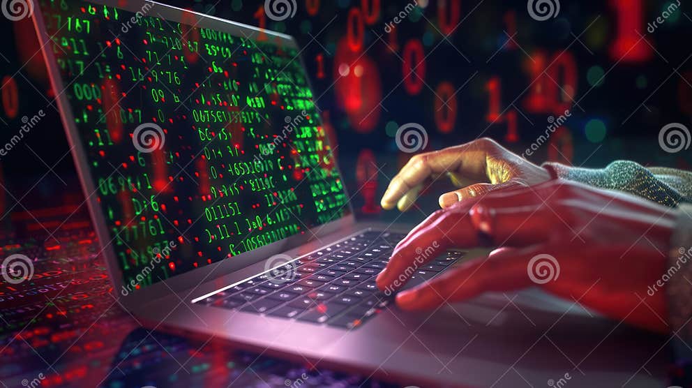 Digital Immersion: Programmer at Futuristic Workspace Typing on Laptop ...