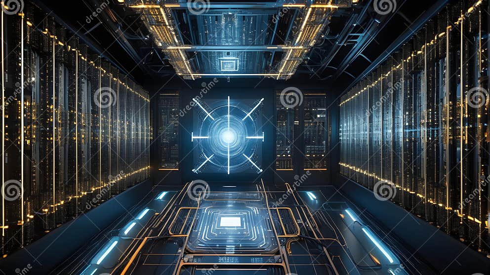 Futuristic Quantum Processor Core within High-Tech Data Center Corridor ...