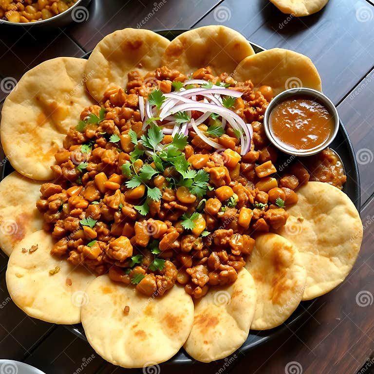 A Large Platter of Chole Masala with Bhature, Served on a Rustic Table ...