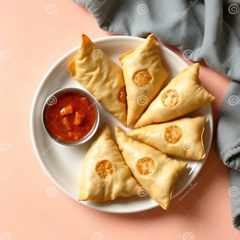 A Plate of Samosas with Chutneys Served on a Pastel Peach Background ...