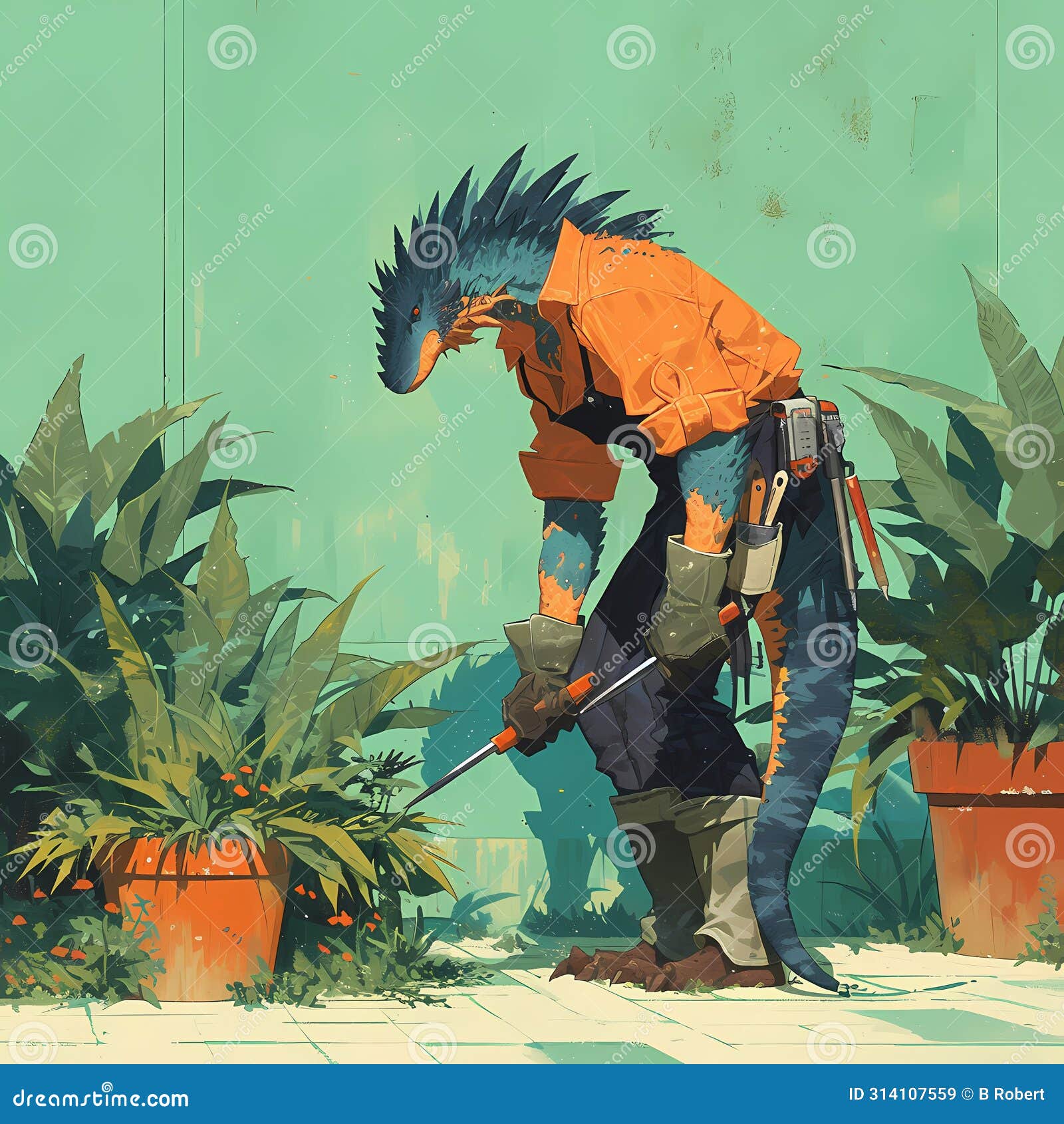 Caring Velociraptor in Garden Paradise Stock Illustration ...