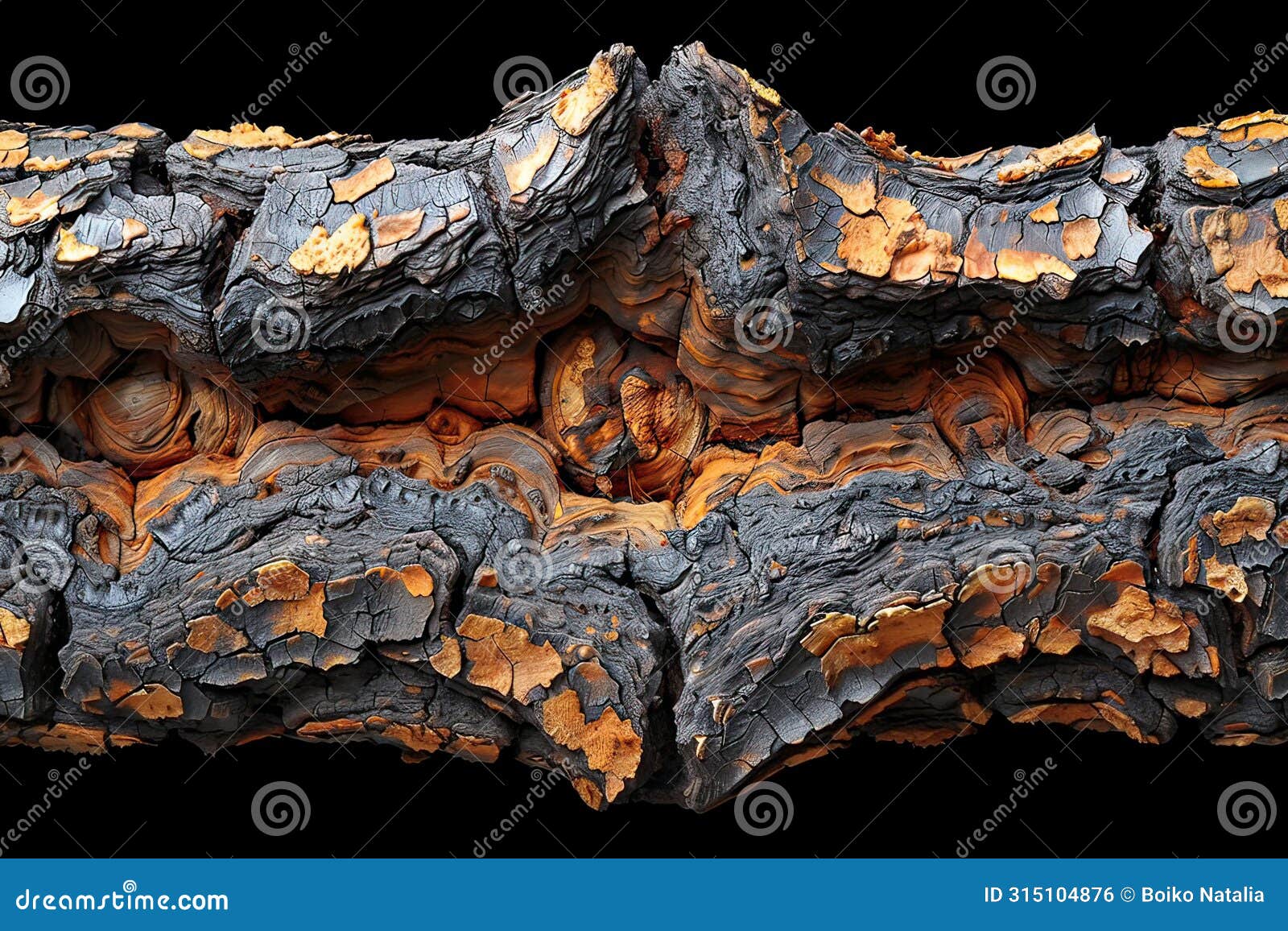 Detailed Cross-Section View of Charred Tree Trunk with Annual Rings and ...