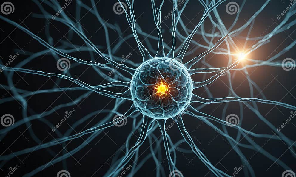 3D Brain Cell with Bright Orange Center, Surrounded by Intricate Blue ...