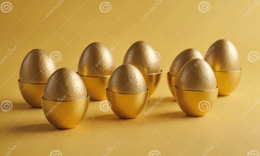 Nine Golden Egg-shaped Containers with Domed Tops are Arranged in Grid ...