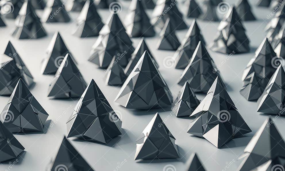 Grid Numerous Black Triangular Origami Sculptures, Arranged in Visually Striking Pattern. Stock ...