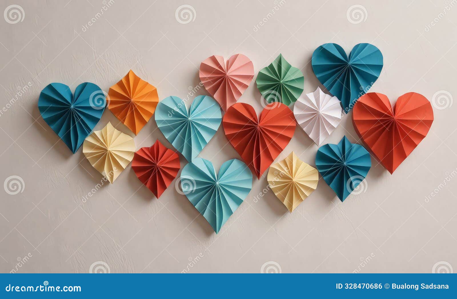 Twelve Origami Hearts in Various Colors and Designs are Arranged in ...