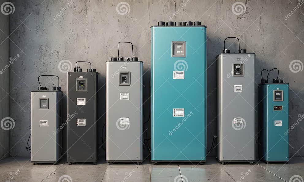 Six Identical Gray and Blue Rectangular Boxes with Black Handles are ...