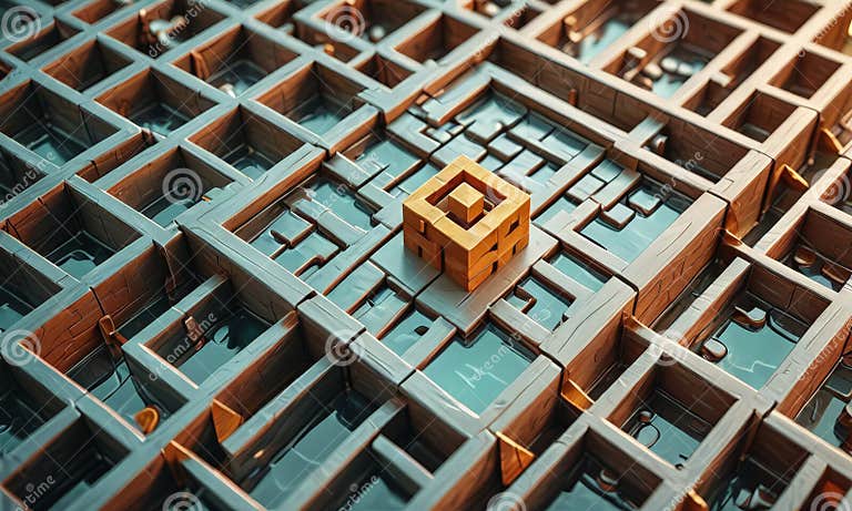 3D Complex, Intricate Maze-like Structure with Central Square and Yellow Cube, Surrounded by ...