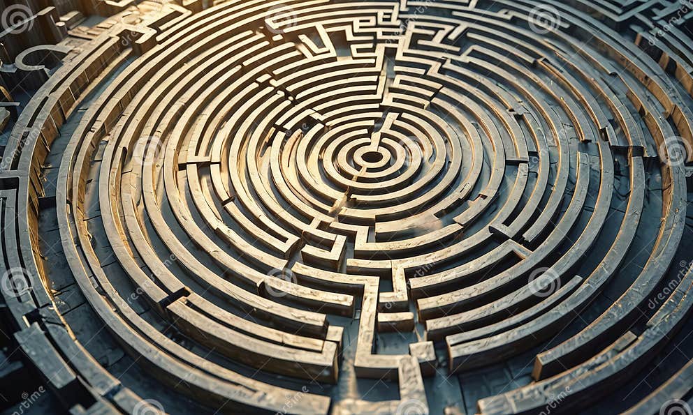 Abstract Complex, Circular Maze with Central Hole, Illuminated by Warm ...