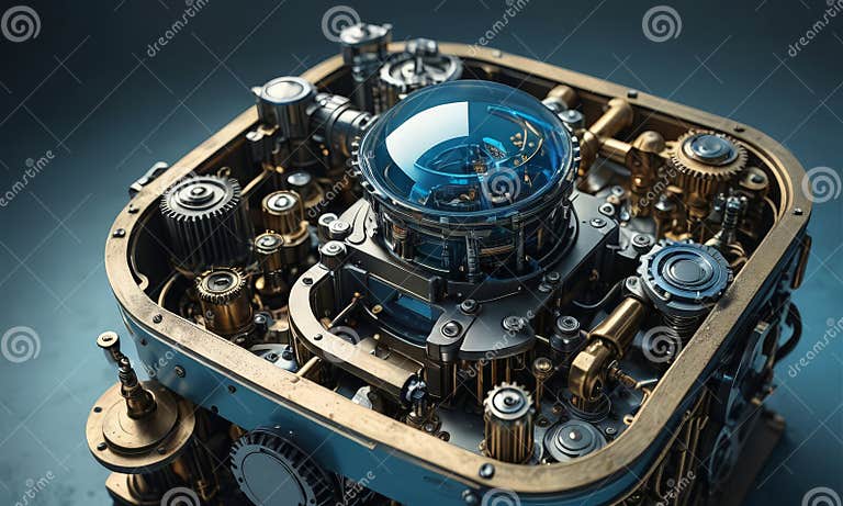 Complex Mechanical Device with Intricate Gears, Dials, and Blue Dome ...