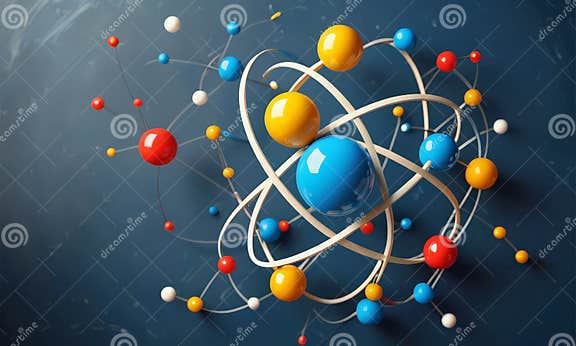 3D Atom, Composed Colorful Spheres and Lines, is Depicted Against Dark ...