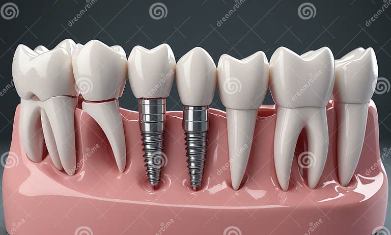 3D Dental Model Displays Row White Teeth with Two Silver Dental Implants in the Center. Stock ...
