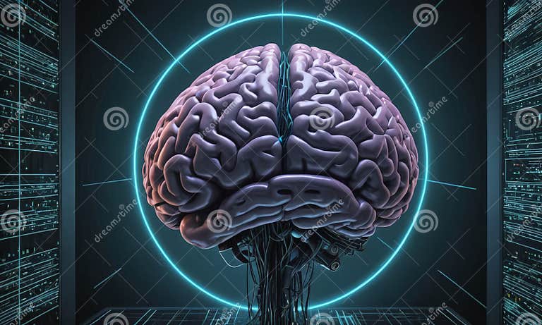 3D Human Brain, Illuminated by Blue Neon Light, is Displayed Against ...