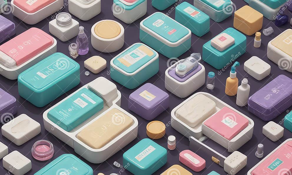 3D Various Colorful Containers and Objects Arranged in Grid-like Pattern, with Some Overlapping ...