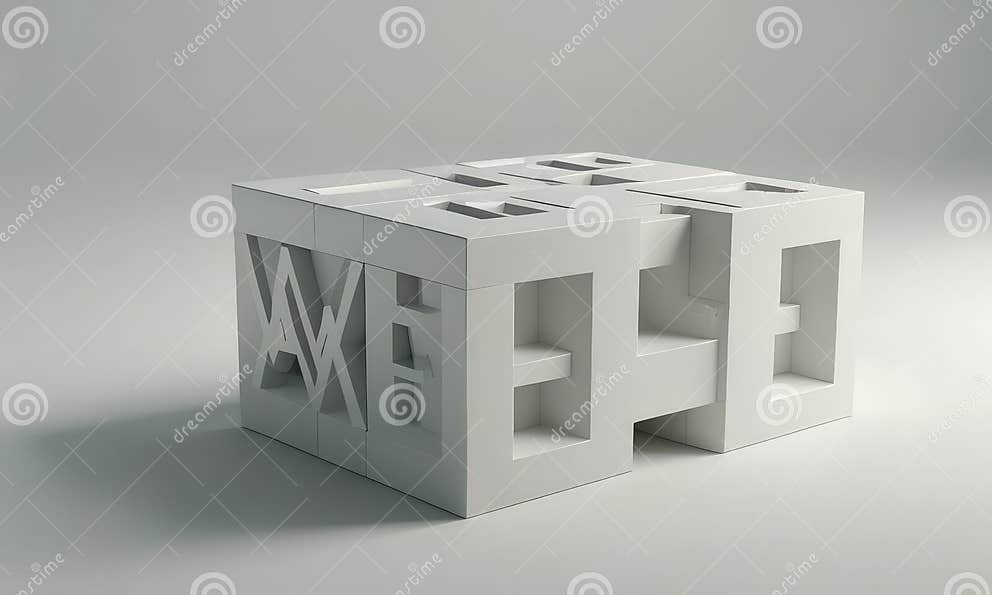 White Cube with Cut-out Windows and Textured Surface Sits on White Background, with the Letters ...