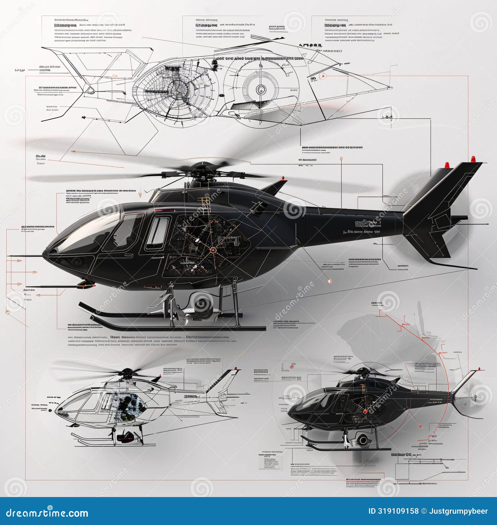 Detailed Technical Blueprint of a Helicopter, Showcasing Various Views ...