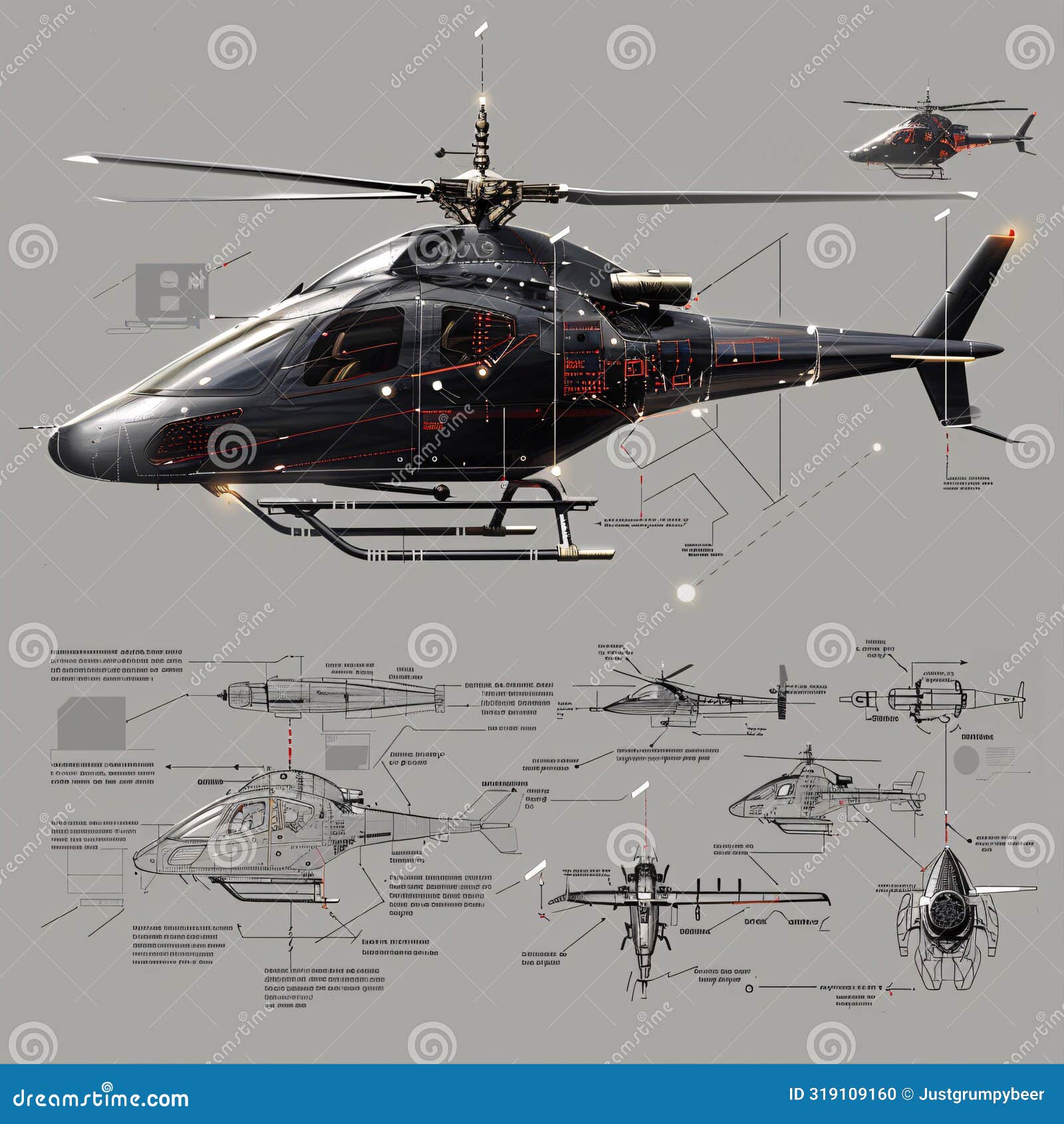 Detailed Technical Blueprint of a Helicopter, Showcasing Various Views ...