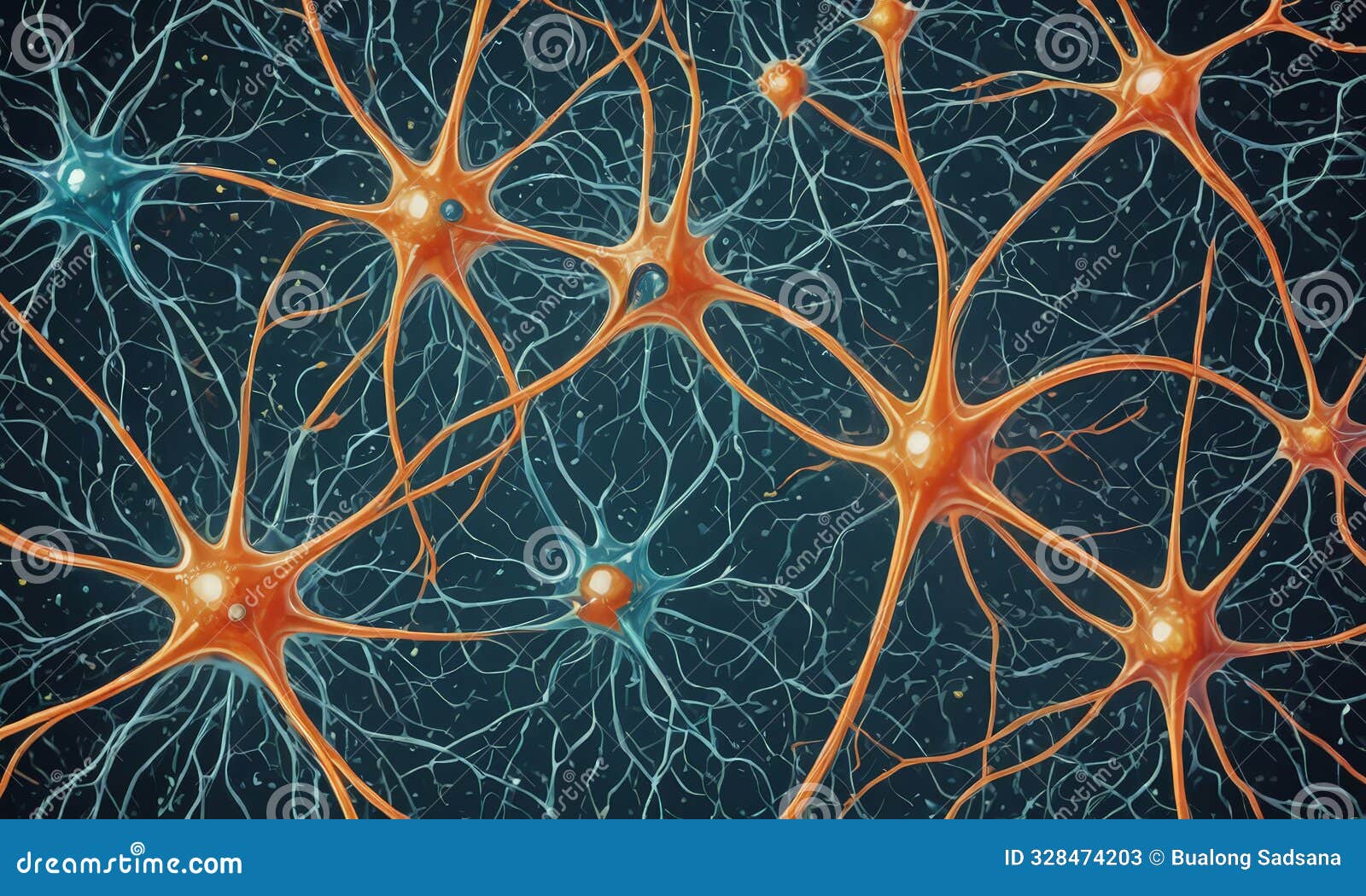 Close-up View Complex Network Orange and Blue-green Colored Brain Cells ...