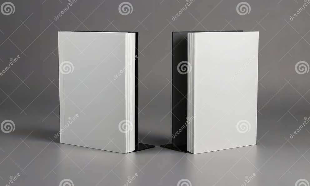 Two White Rectangular Books with Black Spines Stand Upright on Gray ...