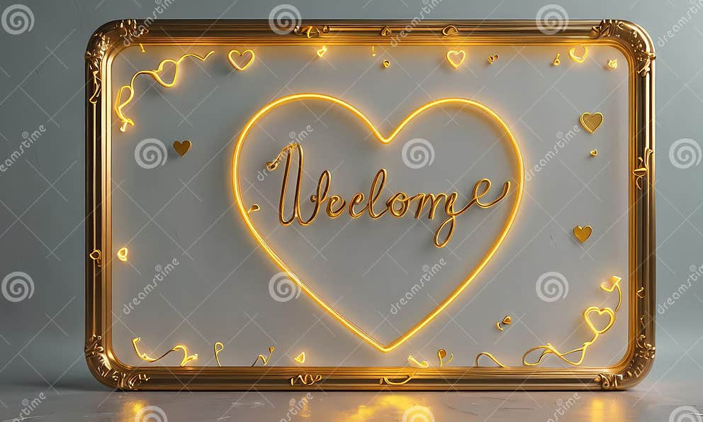 Golden Heart-shaped Sign with the Word "Welcome" in Cursive Script is ...