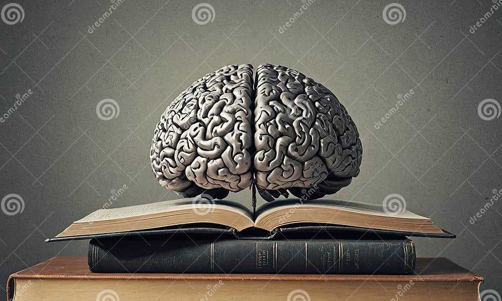 3D Human Brain Rests on Top Open Book, Symbolizing Knowledge and ...