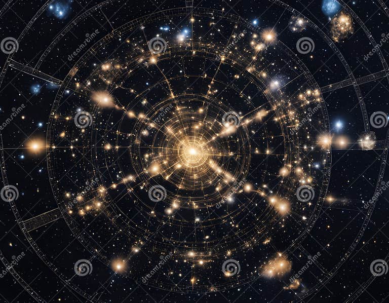 Detailed Celestial Star Map with Golden Stars and Concentric Circles ...