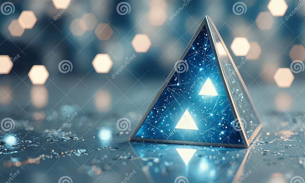 Triangular Glass Sculpture with Blue and White Patterned Surface Sits ...