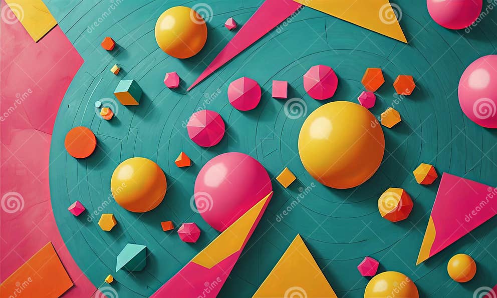 Vibrant 3D Collage Features Variety Geometric Shapes, Including Spheres ...