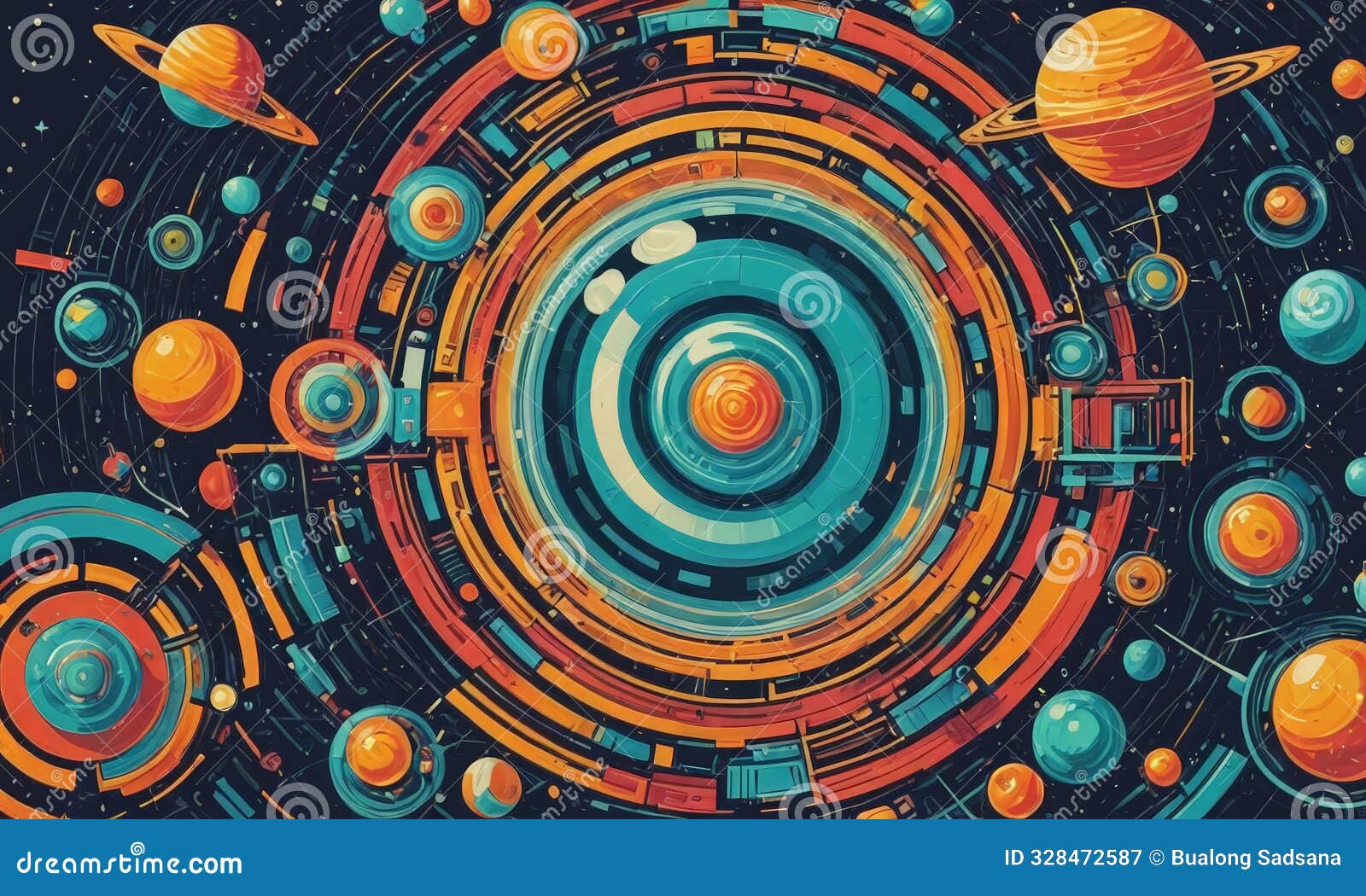 Vibrant, Abstract Cosmic Scene, Featuring Concentric Circles, Planets ...