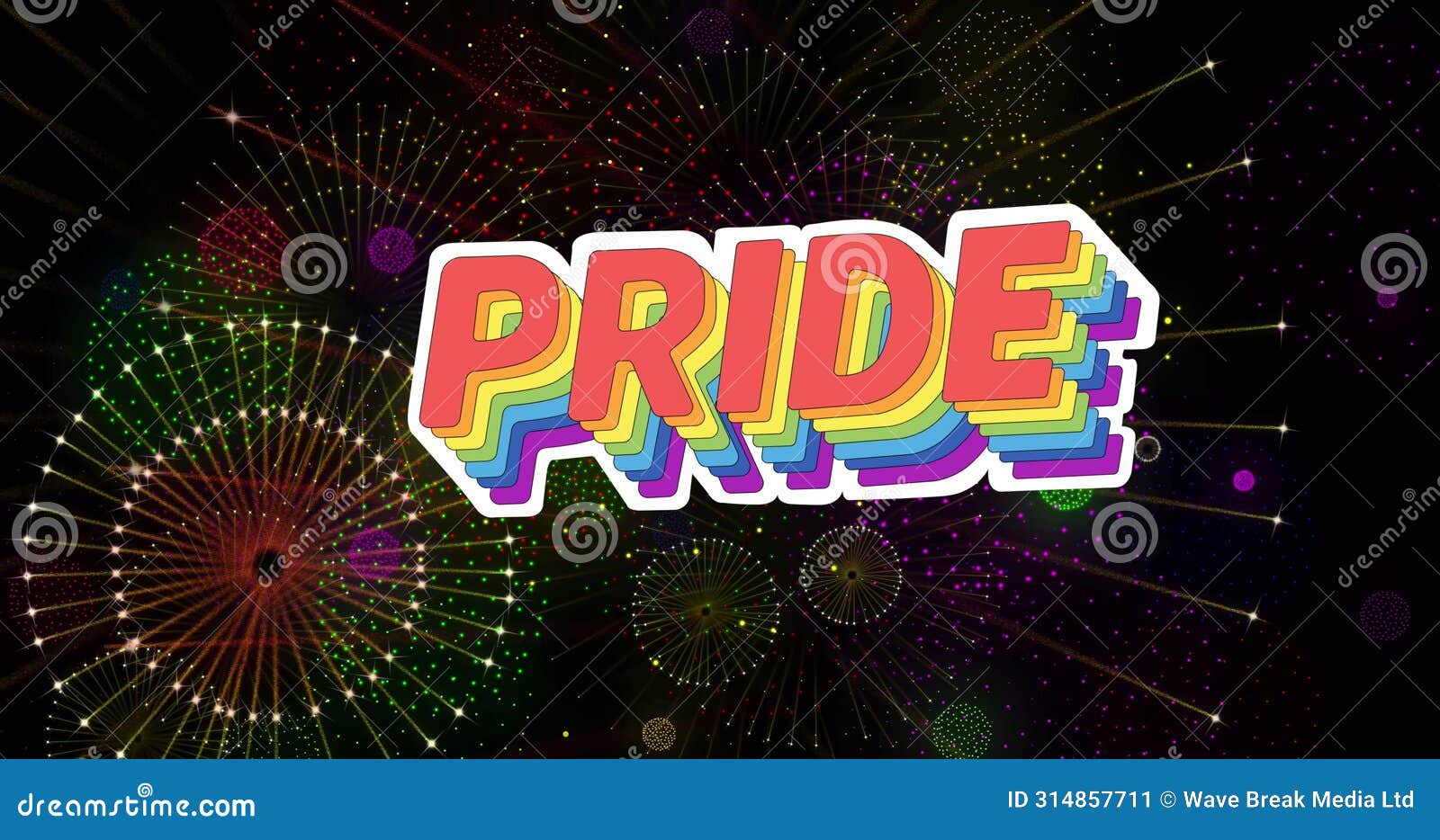 Image of Pride Rainbow Text and Fireworks Exploding on Black Background ...