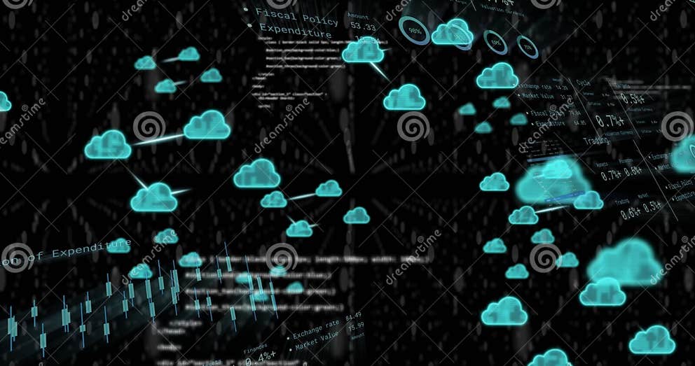 Image of Processing Data, Charts and Cloud Icons Transferring Data on Black Background Stock ...