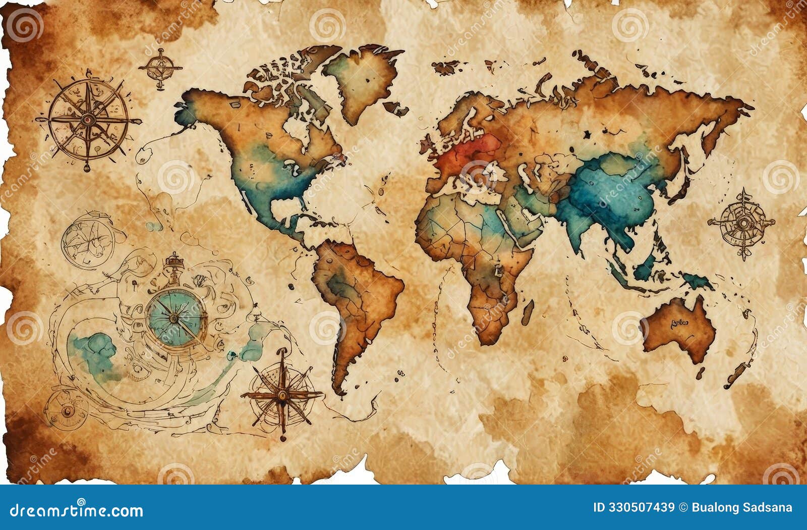 Old World Map with Compasss and on Paper Stock Illustration ...