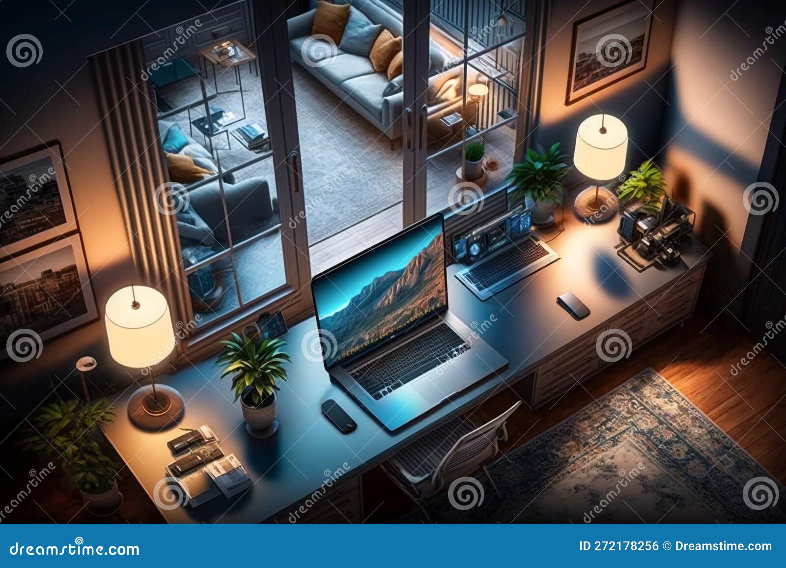 Top-view from a Home Office Setup with a Laptop on a Desk, Generative ...