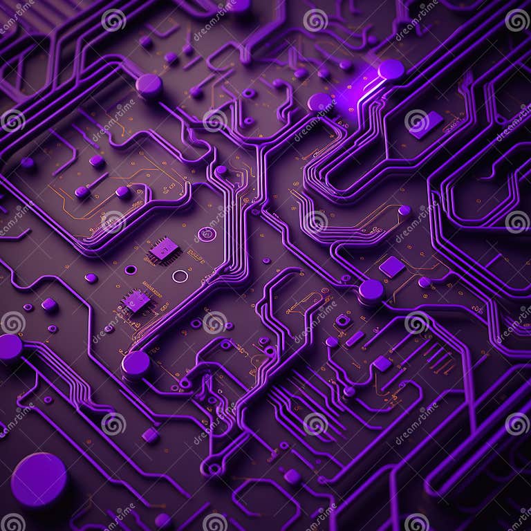 Image of Purple Computer Circuit Board and Purple Light Trails on Dark ...