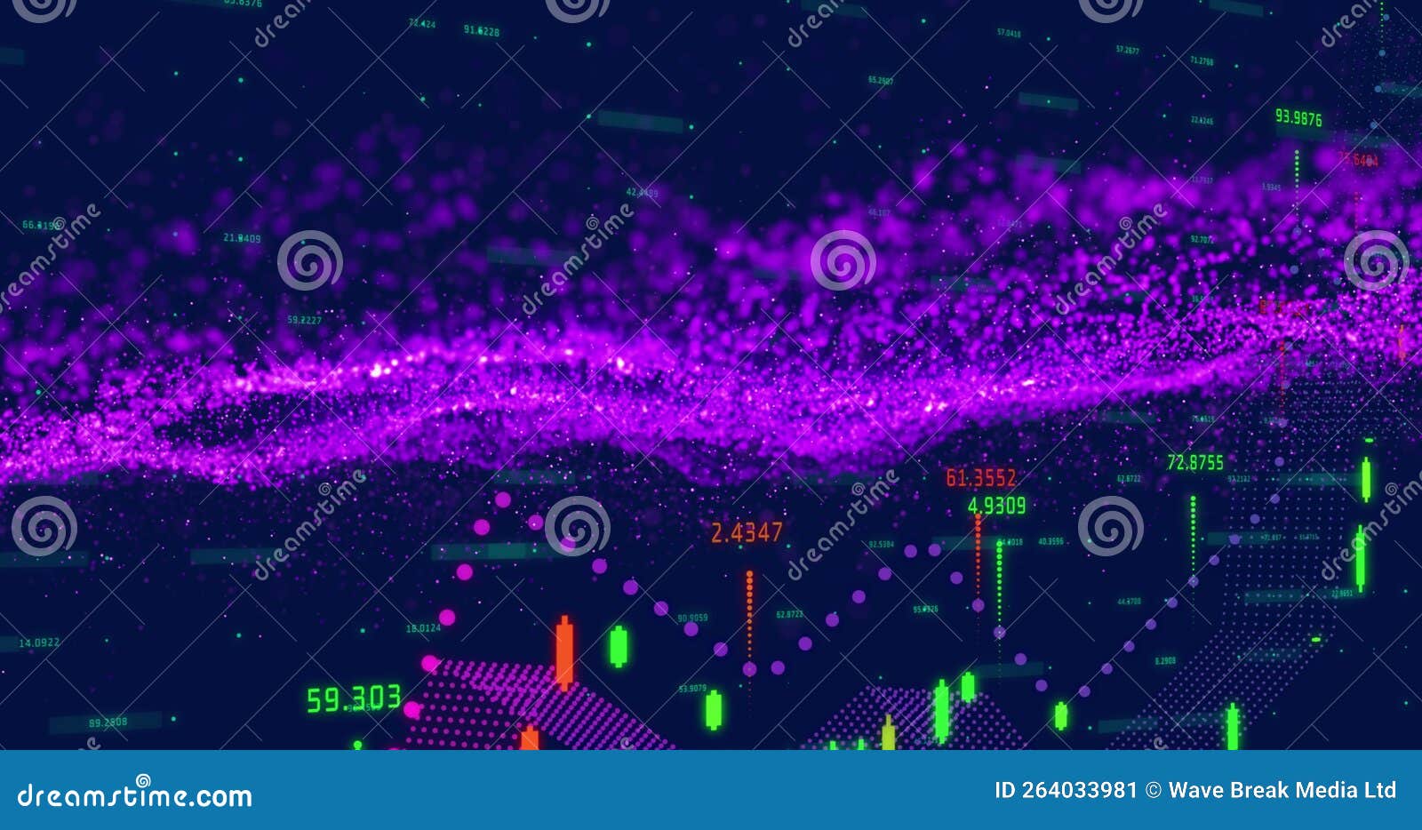 Image of Purple Wave Pattern and Green Dots Forming Line Graph Over ...