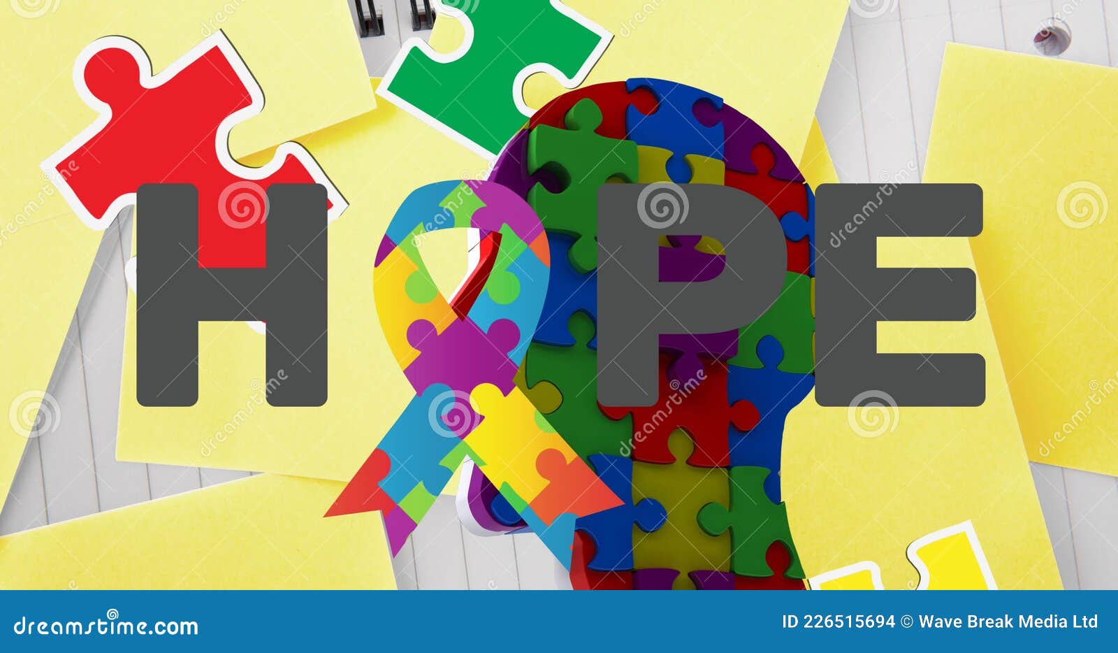 Image of Puzzles Falling Over Human Brain, Hope Text and Ribbon Formed ...