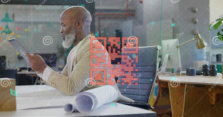 Image of Qr Code and Data Processing Over African American Businessman ...