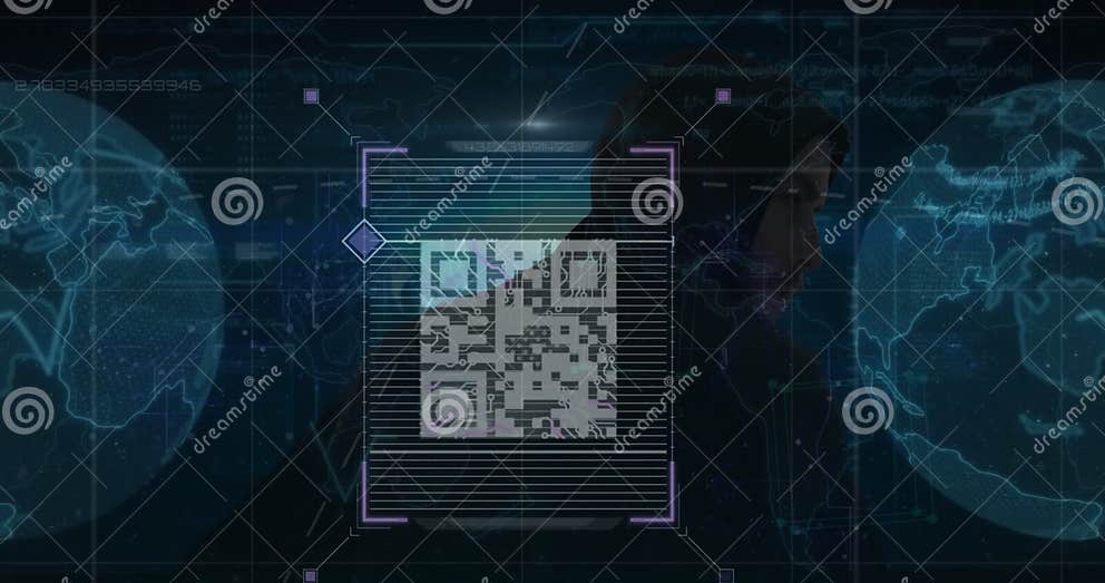 Image of Qr Code with Globes and Data Processing Over Caucasian Hacker ...