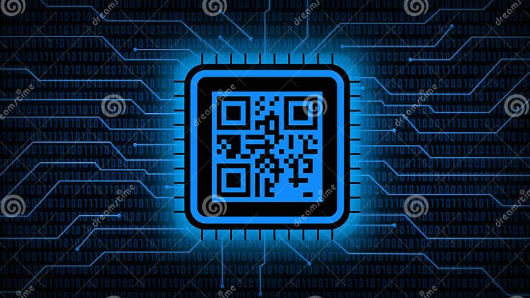 Image Of Qr Code In The Middle On Abstract Background Of Blurred Binary Code Behind Information