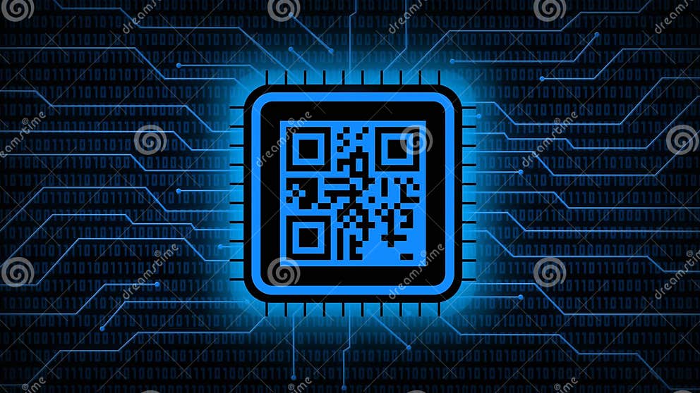 Image Of Qr Code In The Middle On Abstract Background Of Blurred Binary Code Behind Information